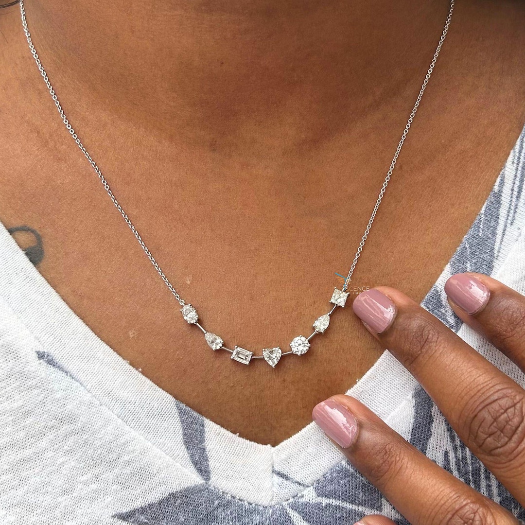 Multi Cut Moissanite Diamond Chain Necklace, Curved Shape Necklace ...