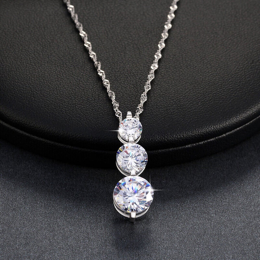Three Stone Pendant Necklace, Round Cut Moissanite Diamond Drop Pendant ...