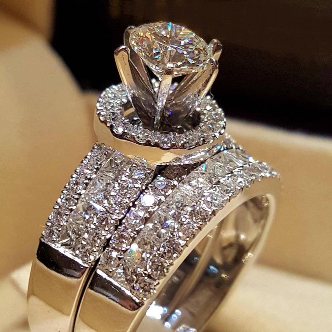 Round & Princess Cut CZ Diamond Ring, Halo Wedding Ring Set, Channel ...