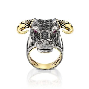Bull Head Monster Ring, Red Eye Bull Skull Ring, Round Black CZ Stone ...