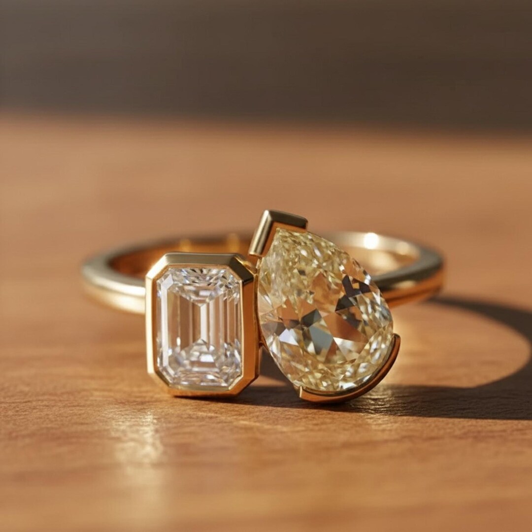 14K Gold Toi Et Moi Ring, Two Stone Engagement Ring, You and Me Ring ...