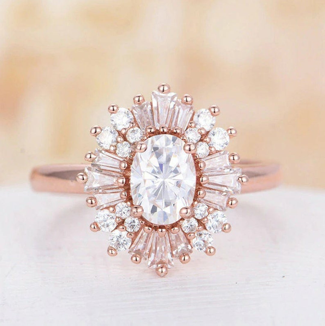 Attractive Sunburst Wedding Ring, Oval & Baguette Cut CZ Diamond Ring, Multistone Engagement ...