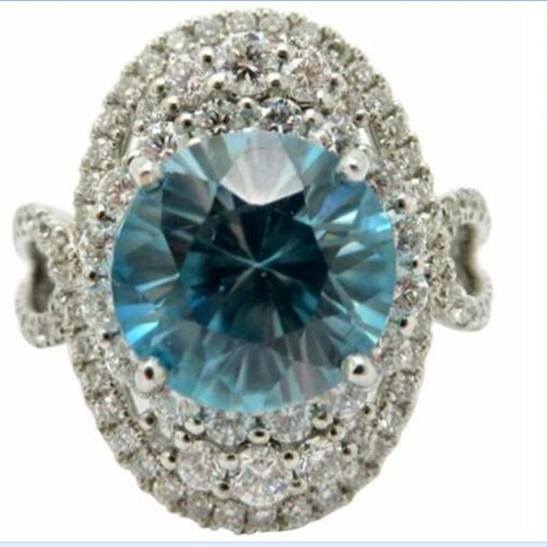 Blue Round CZ Stone Wedding Ring, Oval Shape Halo With Split Shank Ring ...