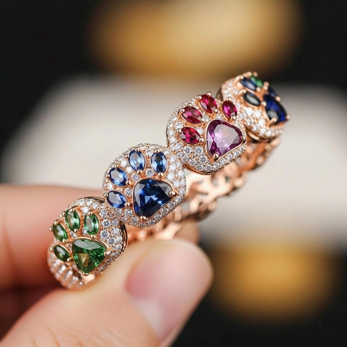Cute Pet Paw Band Ring for Her, Colorful CZ Stone Ring, Animal Lover ...