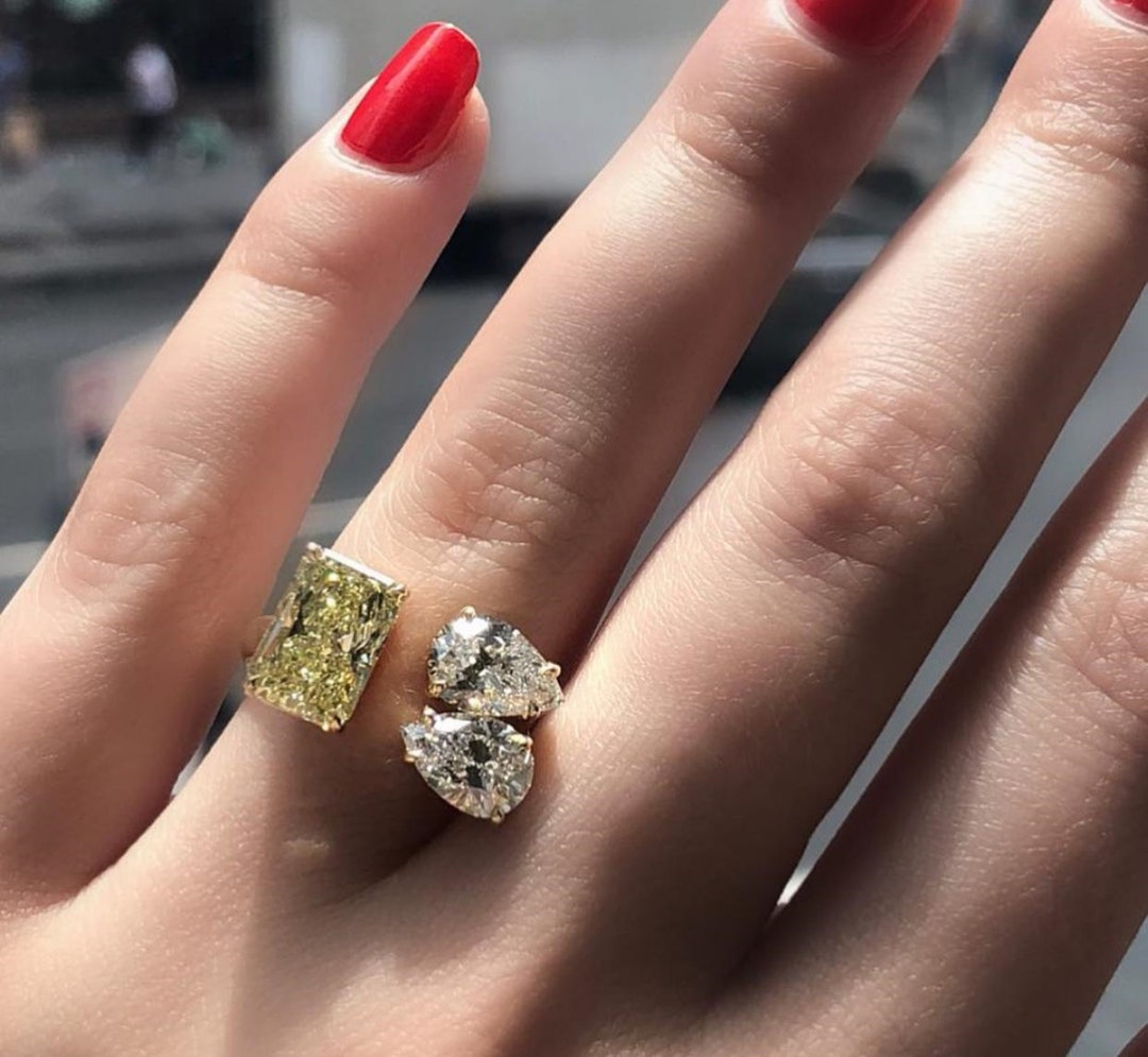 Three Stone Toi Et Moi Ring Radiant & Pear CZ Diamond Ring - Etsy