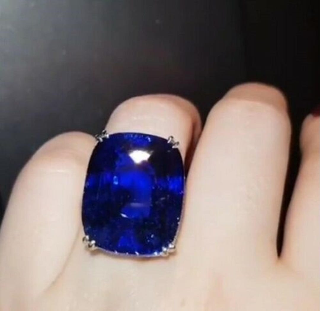 Huge Blue Sapphire Cushion Cut CZ Stone Cocktail Ring, Hidden Halo Ring ...