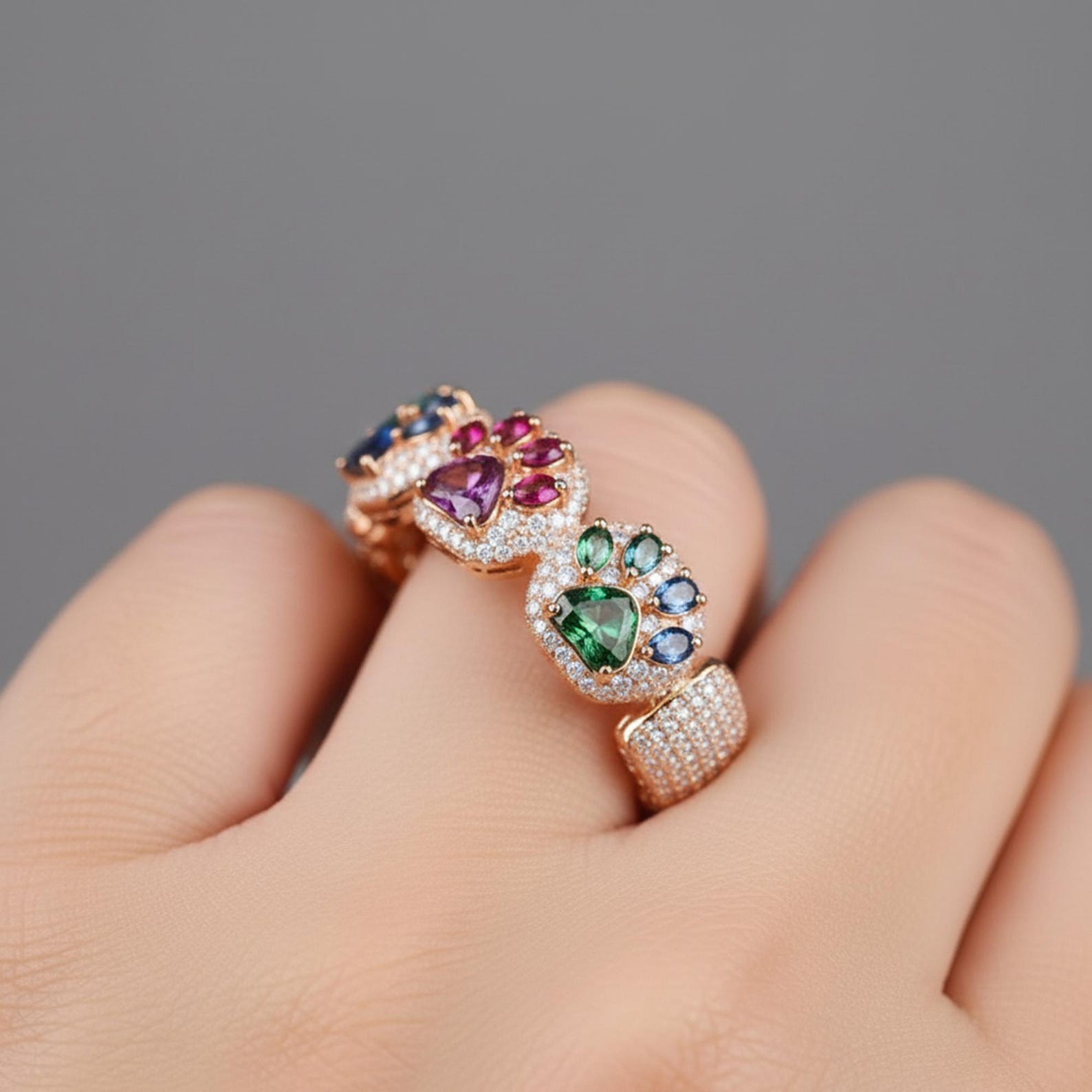 Cute Pet Paw Band Ring for Her, Colorful CZ Stone Ring, Animal Lover ...