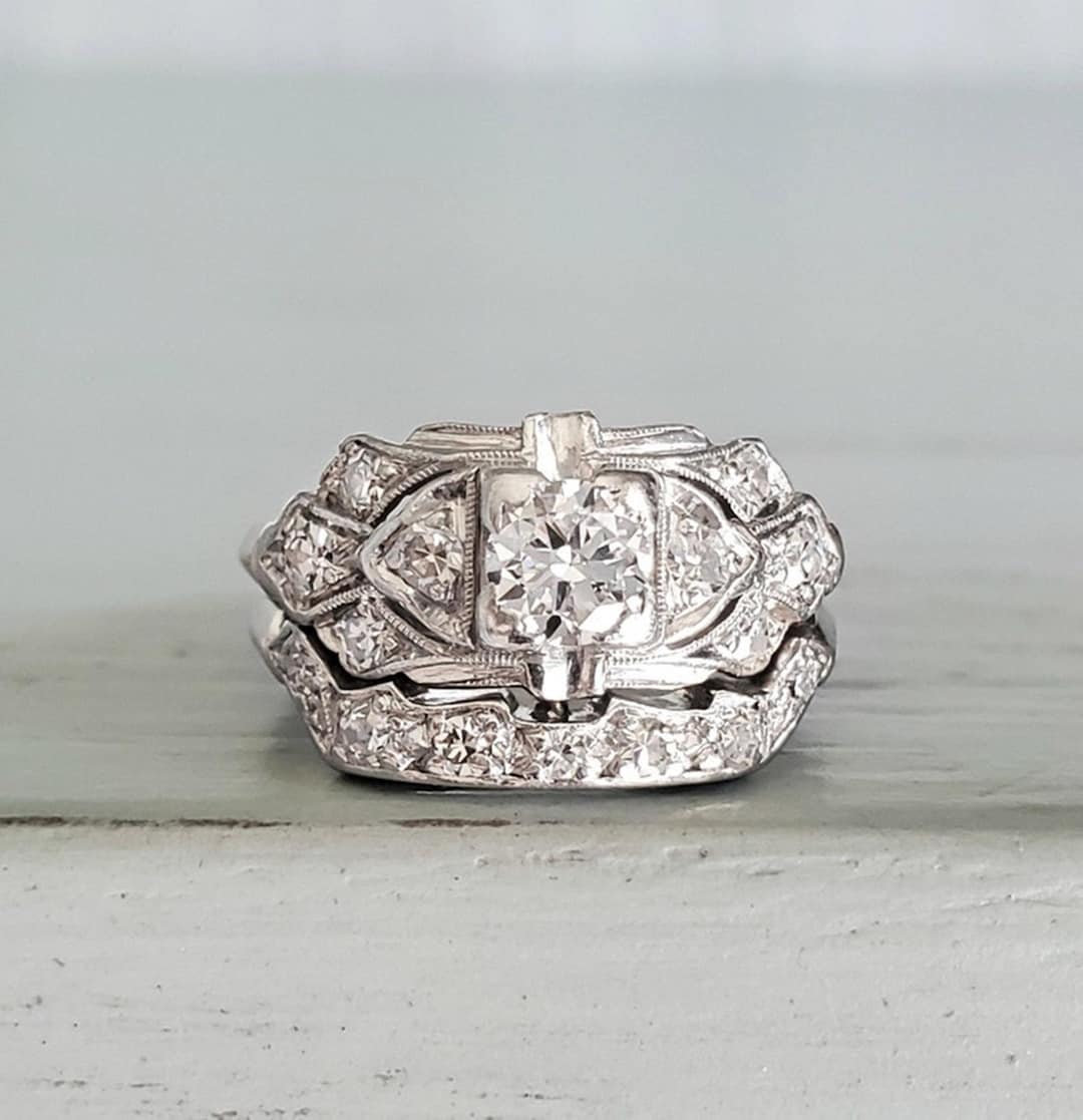 Antique Art Deco Wedding Bridal Ring Set, 6.5 MM Old European Cut ...