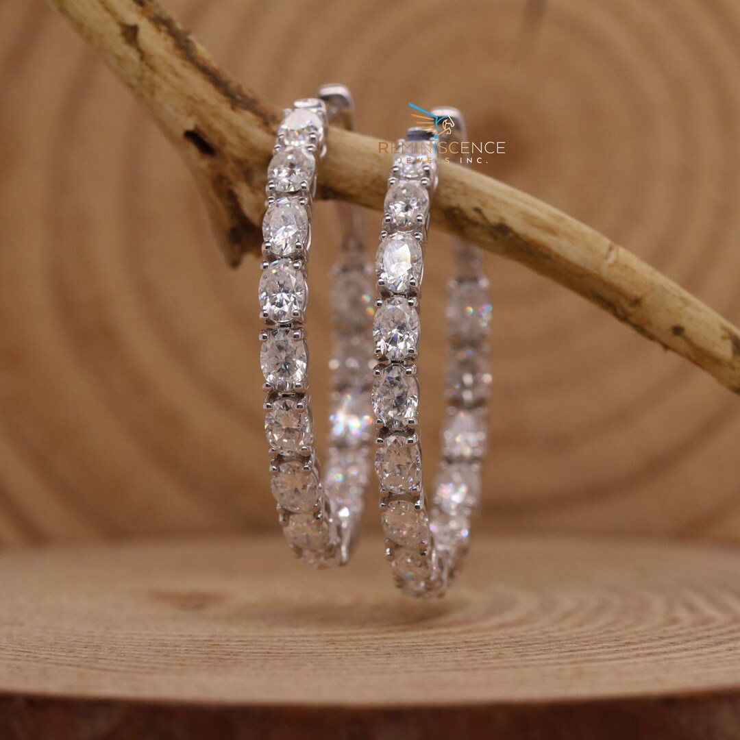 18K Gold Inside Outside Hoops, Oval Moissanite Diamond Hoops Earrings ...