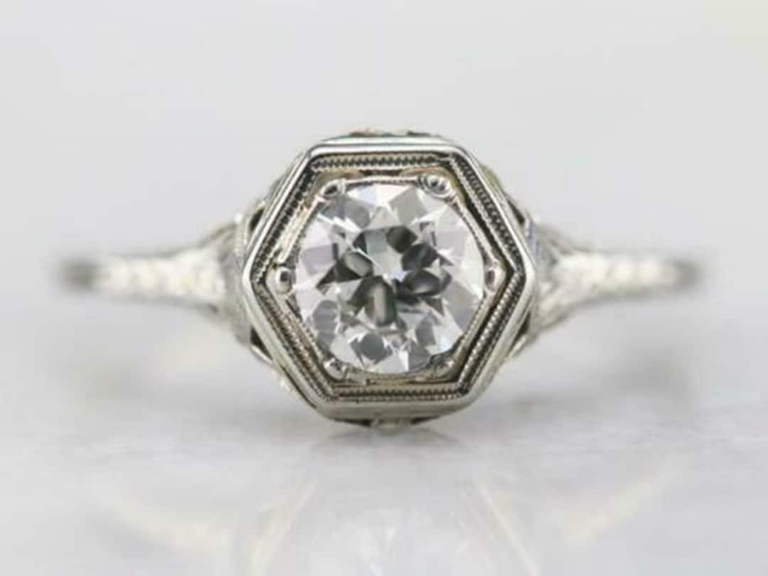 Hexagon Shape Art Deco Ring, Round Moissanite Diamond Milgrain ...
