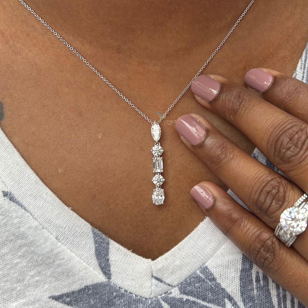 Women's Vertical Line Pendant, Multi Cut Moissanite Diamond Five Stone ...