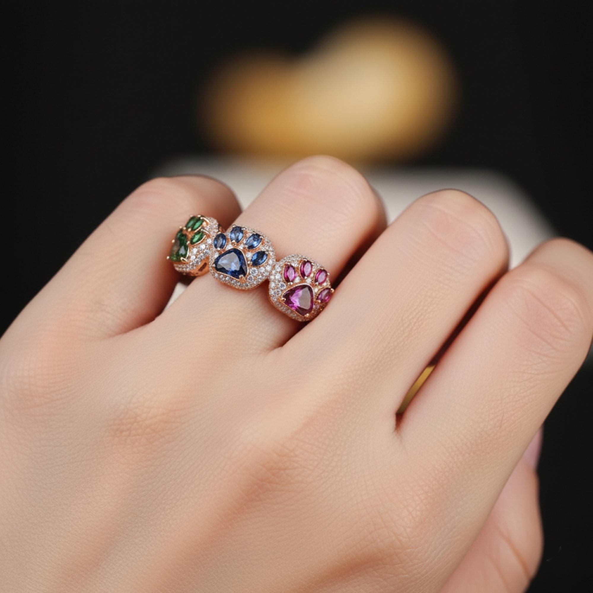 Cute Pet Paw Band Ring for Her, Colorful CZ Stone Ring, Animal Lover ...