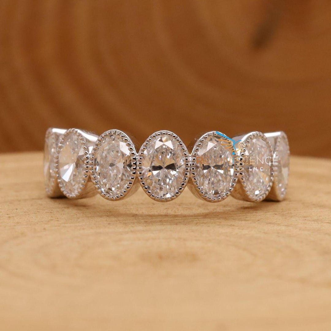 Milgrain Bezel Set Wedding Band, Oval Moissanite Diamond Seven Stone