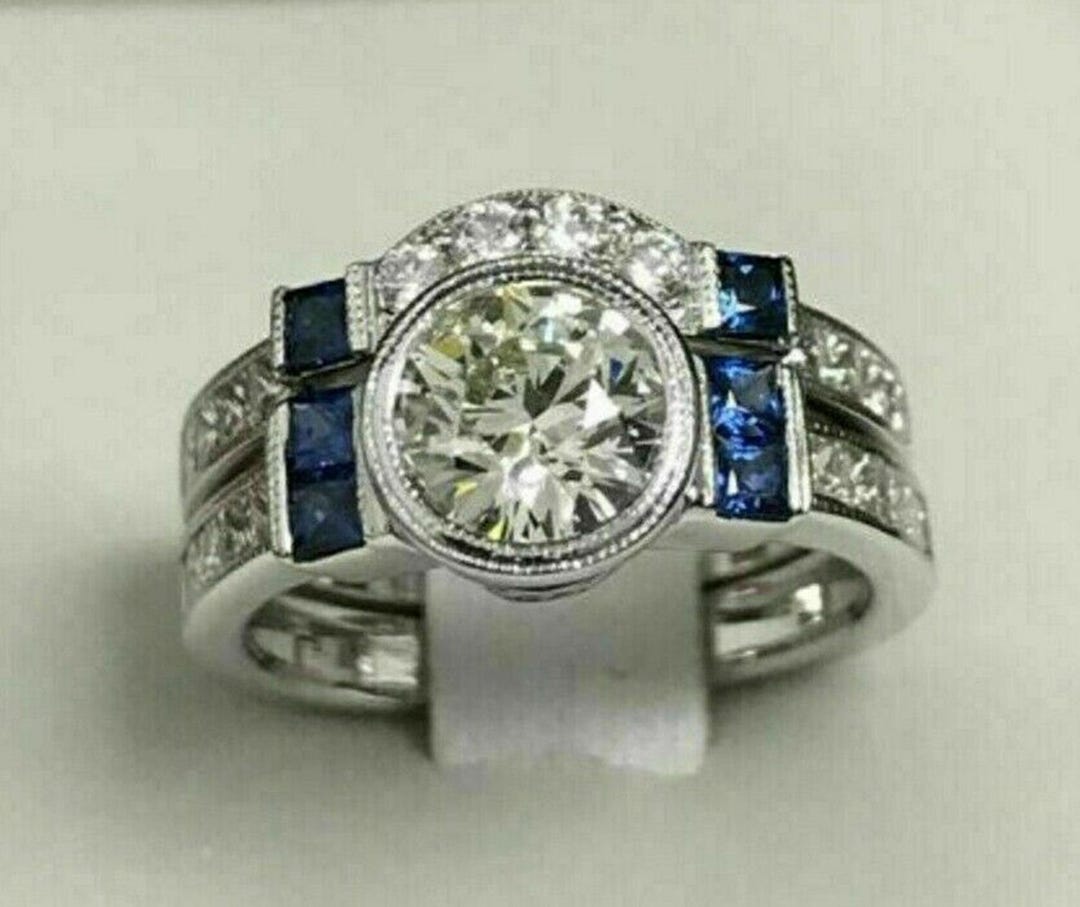 Art Deco Victorian Style Bridal Ring Set, Round Cut CZ Stone Wedding ...