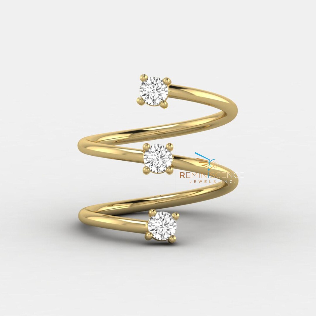 Three Stone Spiral Ring, Round Moissanite Diamond Finger Wrap Ring, Minimalist Ring, Wrap Around ...