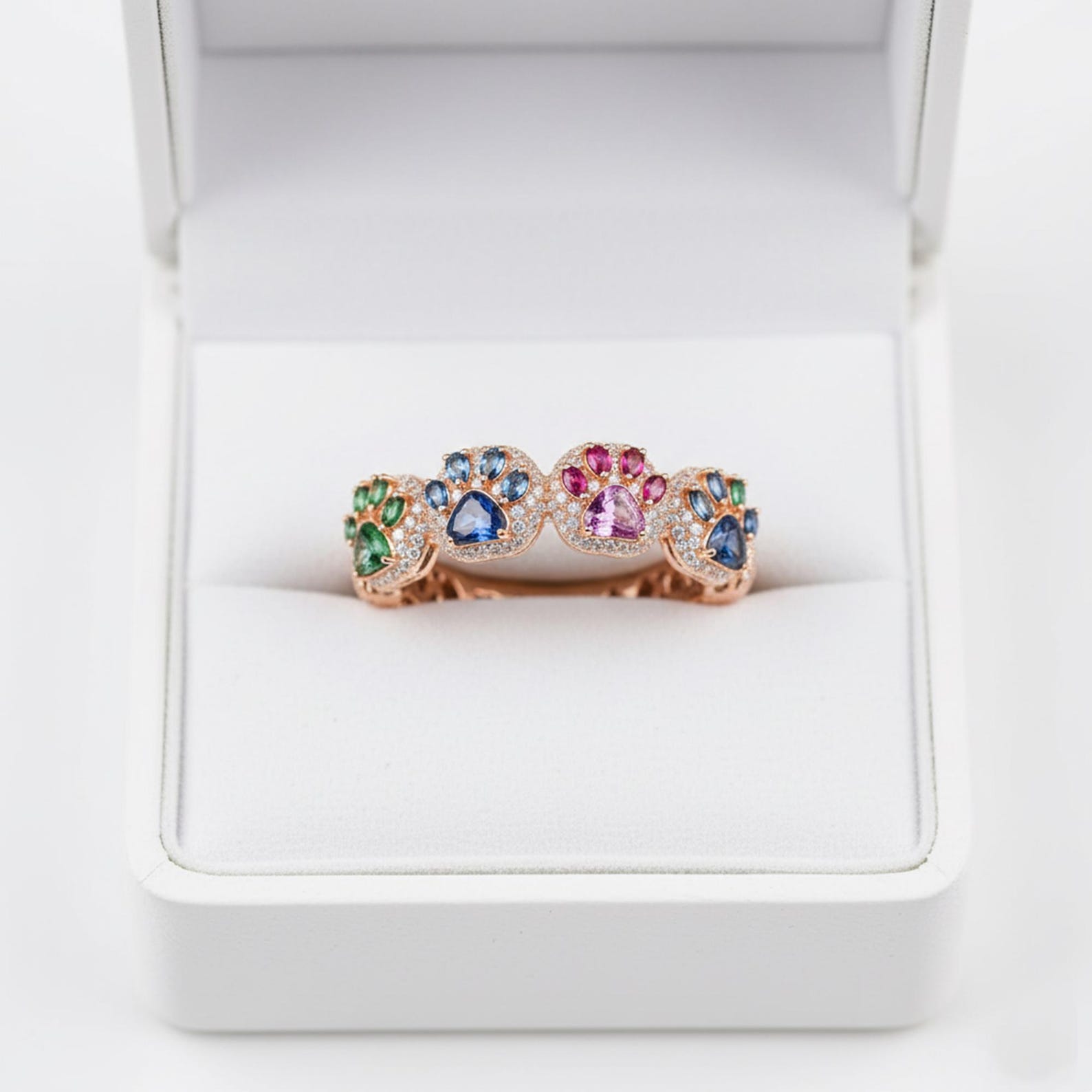Cute Pet Paw Band Ring for Her, Colorful CZ Stone Ring, Animal Lover ...