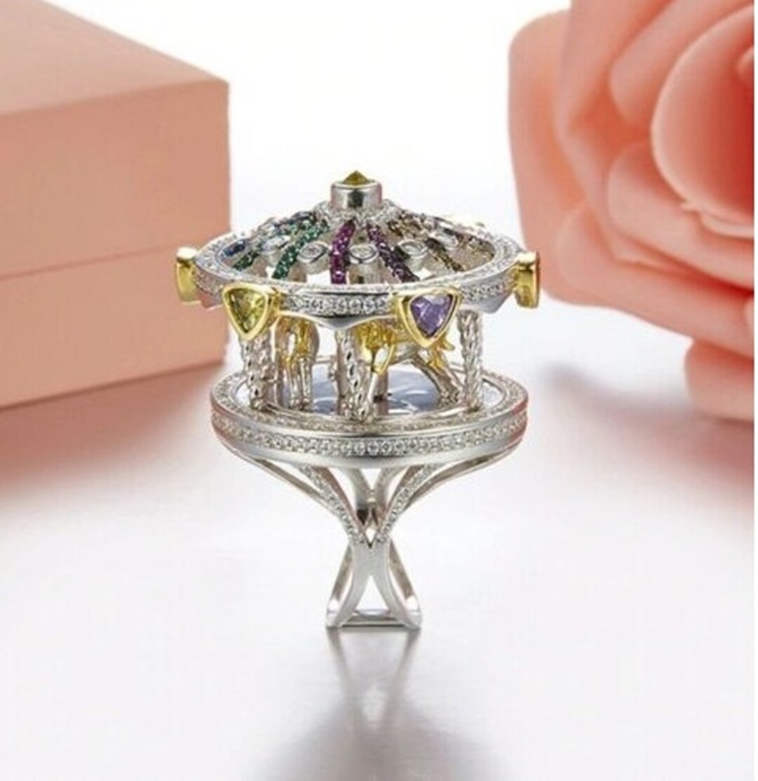Round CZ Stone Carousel Hand Inlaid Ring, Cocktail Ring, Musical ...