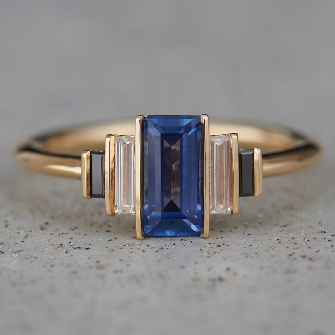 Bar Setting Five Stone Ring, Multi Color Baguette Cut CZ Stone ...
