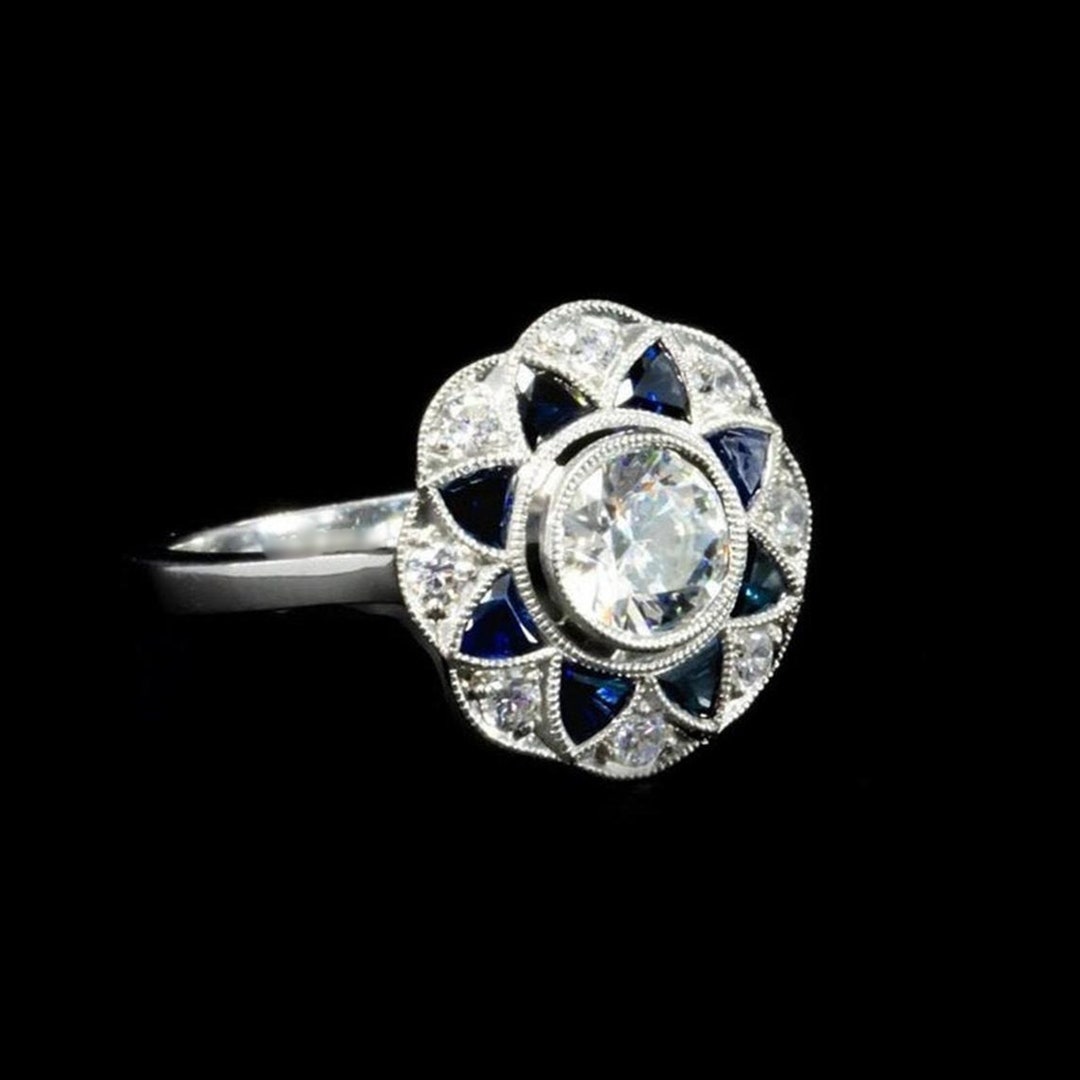 Unique Art Deco Sapphire Ring, Round & Fancy Cut CZ Stone Ring, Floral Style Victorian Ring ...