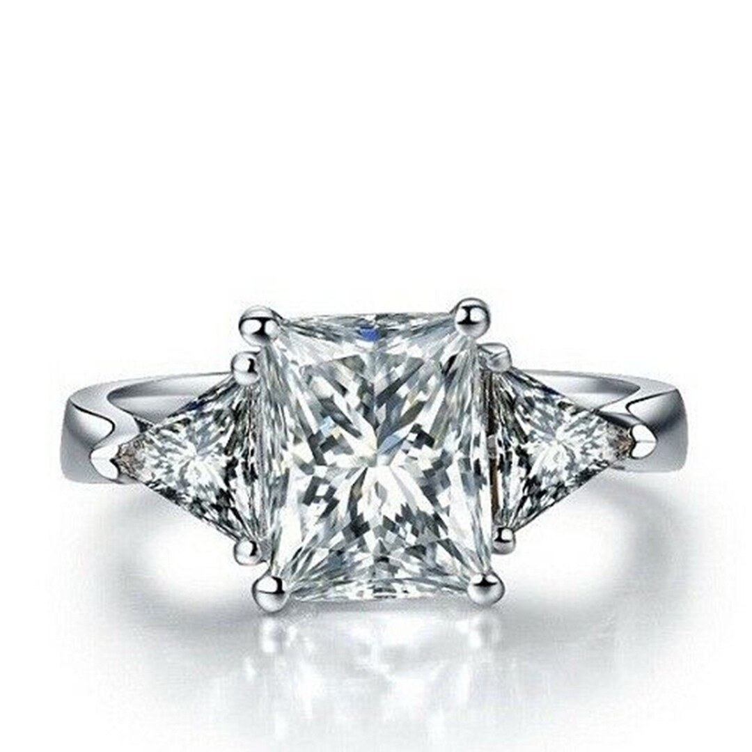 Radiant & Trillion Cut CZ Diamond Ring, Three Stone Wedding Ring ...