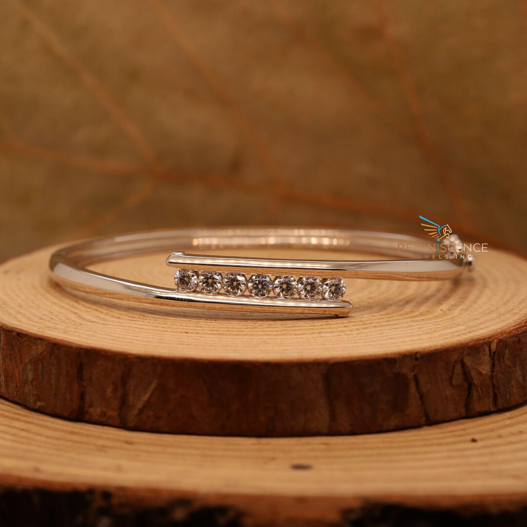 Seven Stone Bangle Bracelet, Bypass Style Tension Set Bracelet, 1.05TCW ...