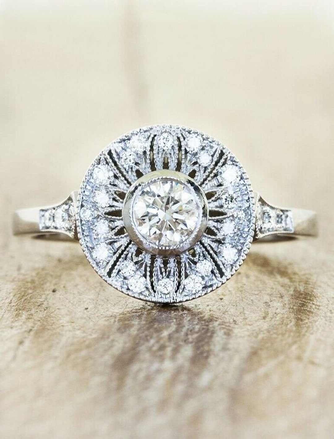 Floral Inspire Open Work Ring, Round Cut Moissanite Diamond Ring, Bezel ...