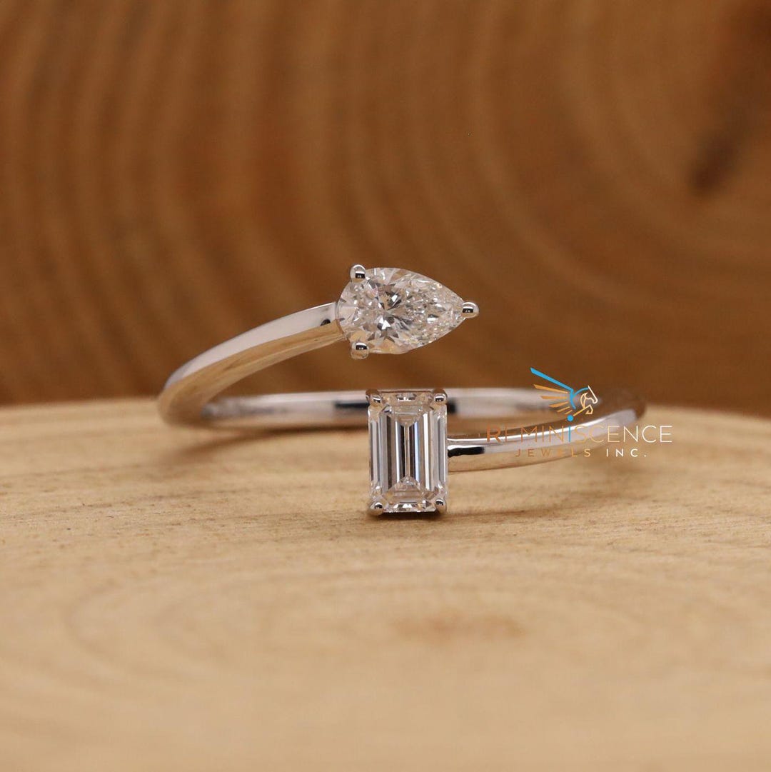 Two Stone Open Gap Ring, 14K Gold Minimalist Moissanite Ring, Bypass ...