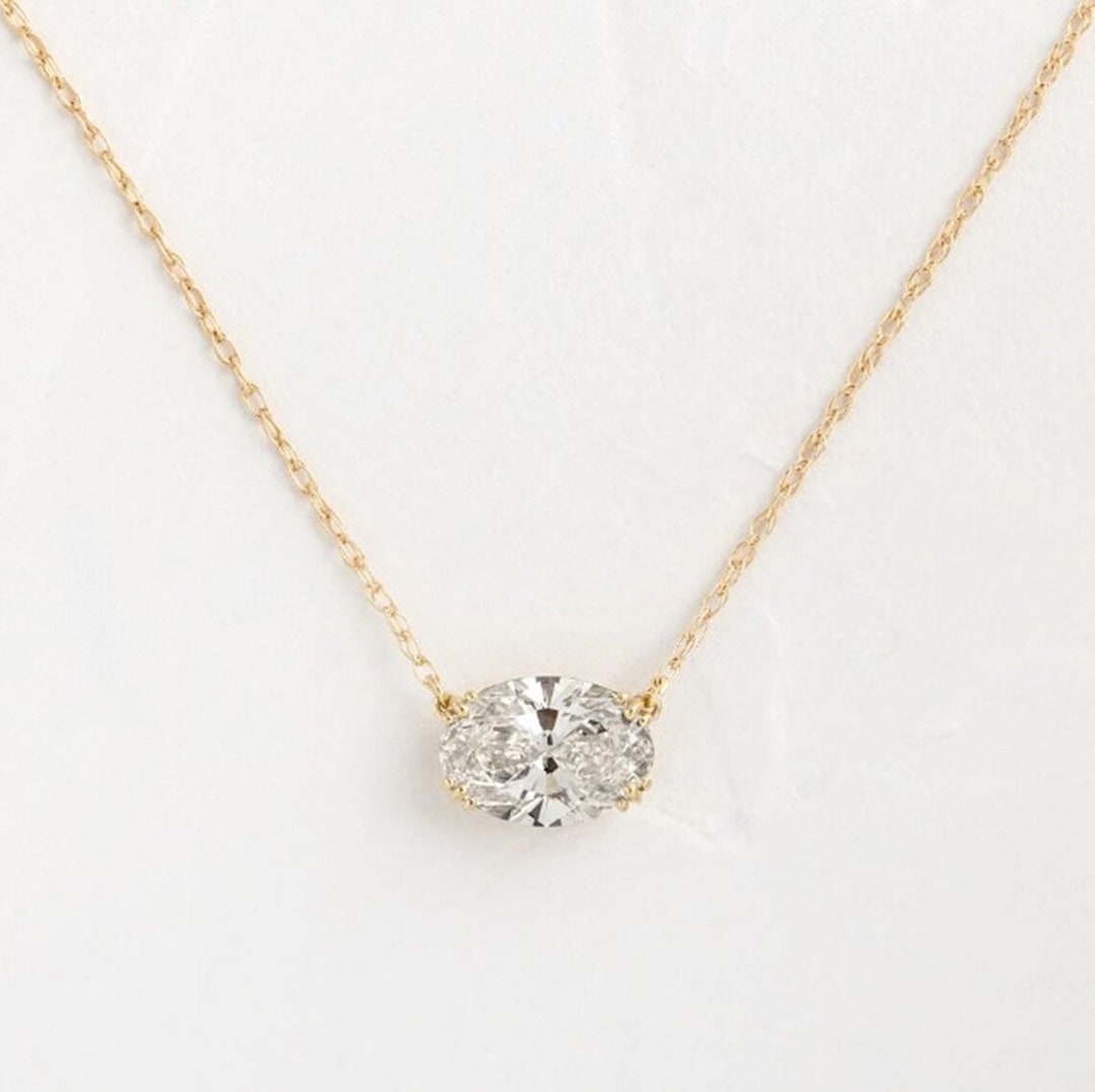 Horizontal Oval Cut Moissanite Diamond Necklace, Solitaire Pendant ...