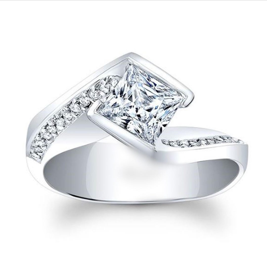 Half Bezel Set Bypass Shank Ring, Princess Moissanite Diamond ...