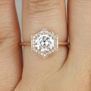 Hexagon Shape Ring, Round Cut Moissanite Diamond Ring, Halo Wedding ...