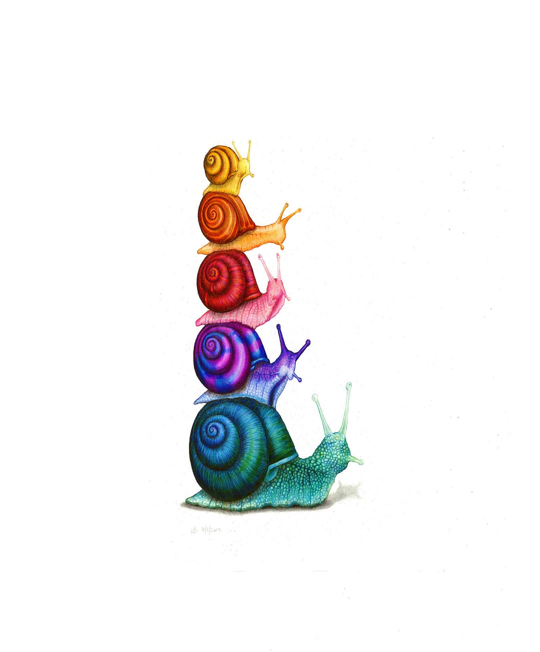 Snail Stack Whimsical Snail Wall Art Hand Drawn in Colored - Etsy