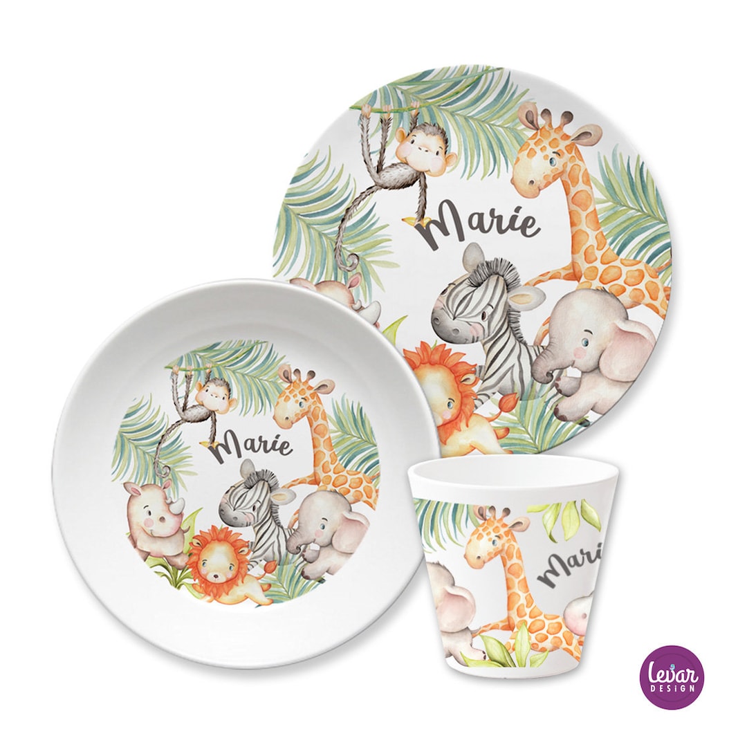Kindergeschirr, personalisiert, Dschungeltiere, Kinderteller mit Namen, Taufgeschenk, Geschenk ...