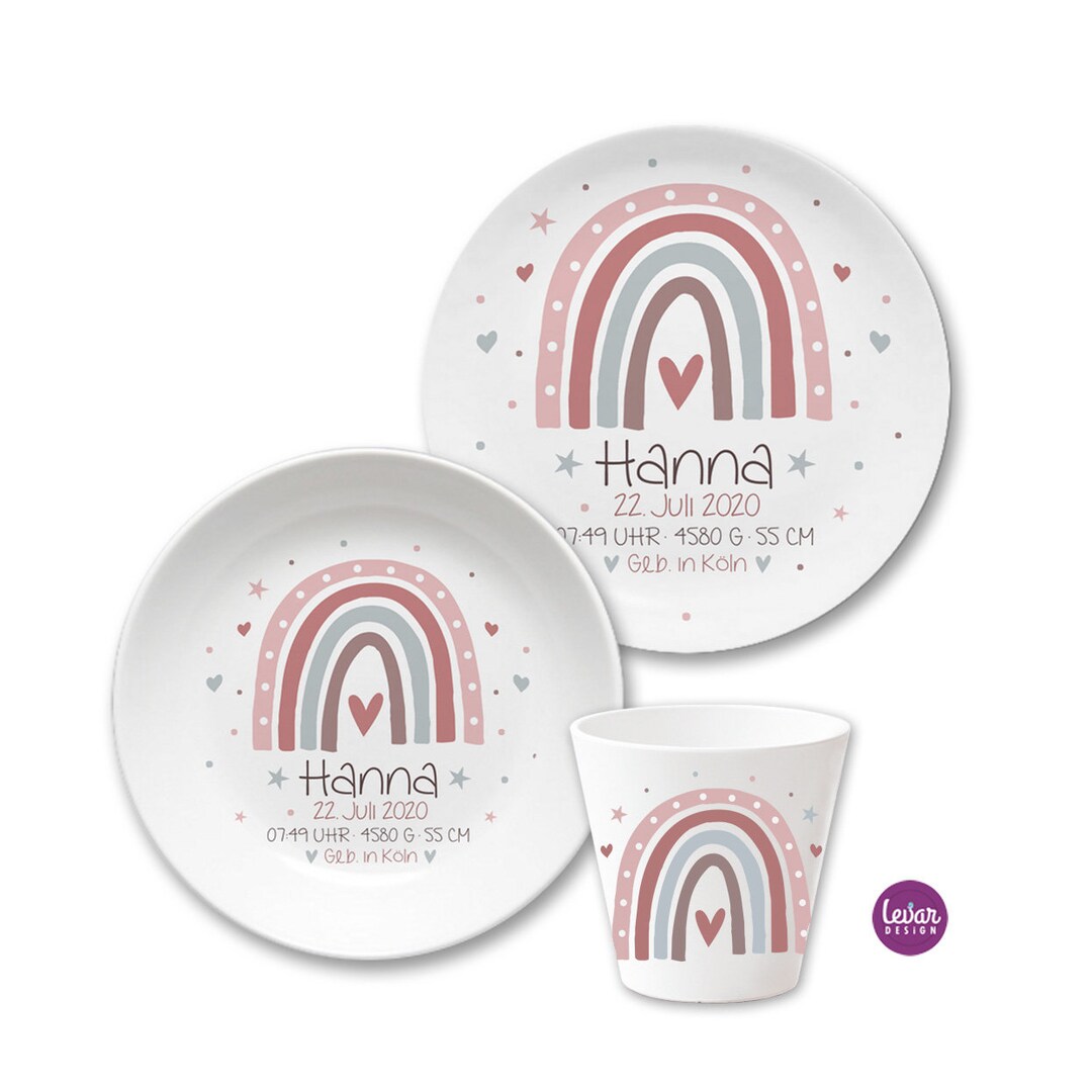 Kinderteller Regenbogen, Kindergeschirr, Geburtsteller mit Namen personalisiert, Taufteller ...