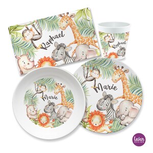 Kindergeschirr, personalisiert, Dschungeltiere, Kinderteller mit Namen, Taufgeschenk, Geschenk ...