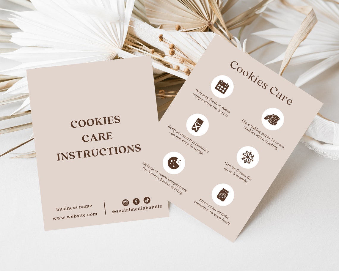 Editable Cookie Care Card Template, Biscuit Care Insert, Minimalist ...