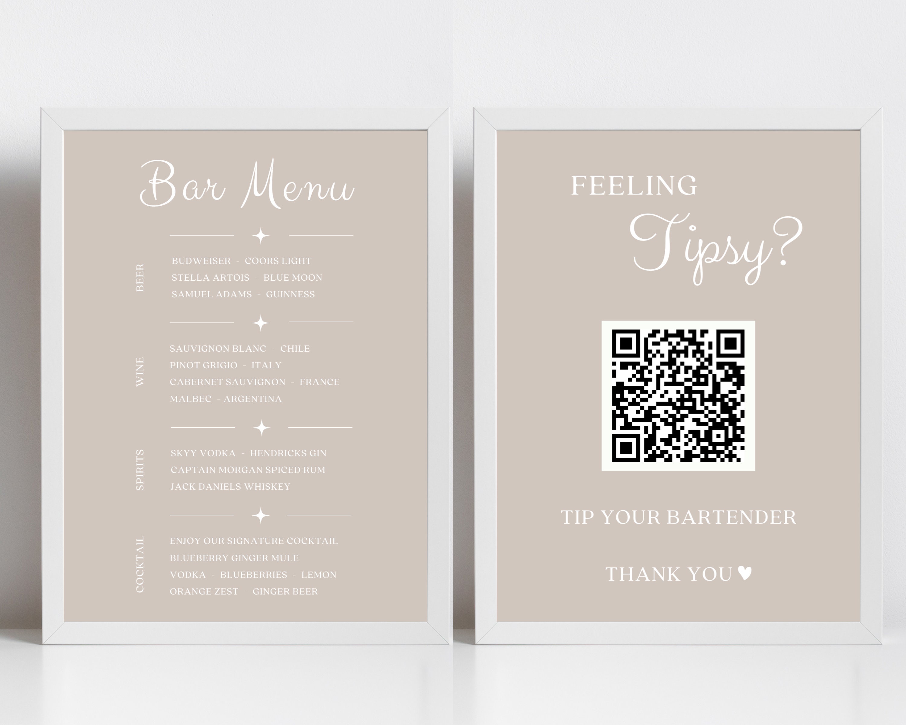 Printable Virtual Tip and Bar Menu Sign Template, QR Code Sign, Drink ...