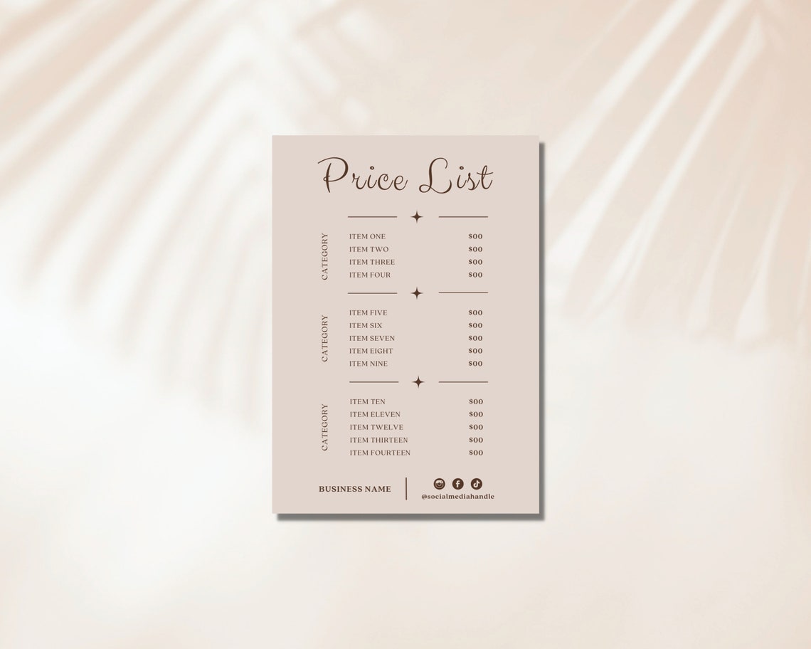 Editable Price List Template Printable Price Sheet Small - Etsy