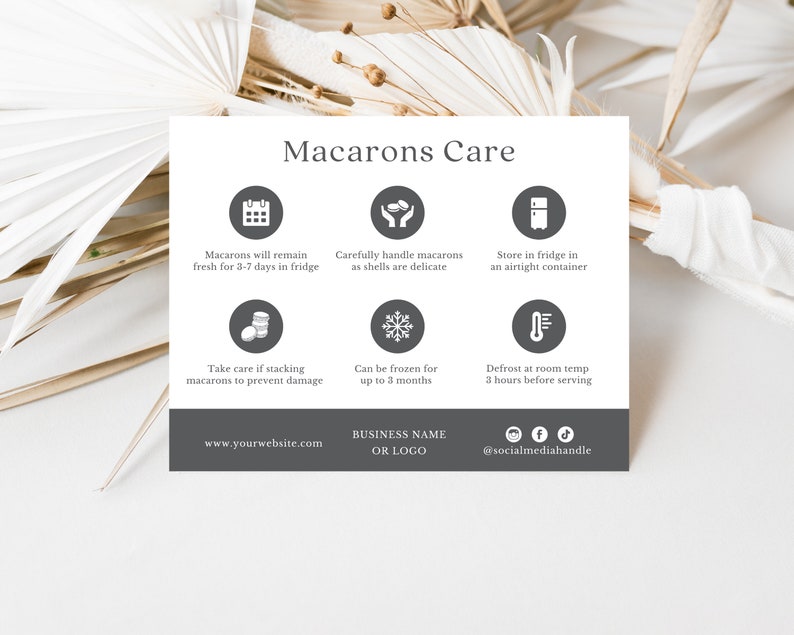 Editable Macarons Care Card Template, Macarons Care Insert, Minimalist ...