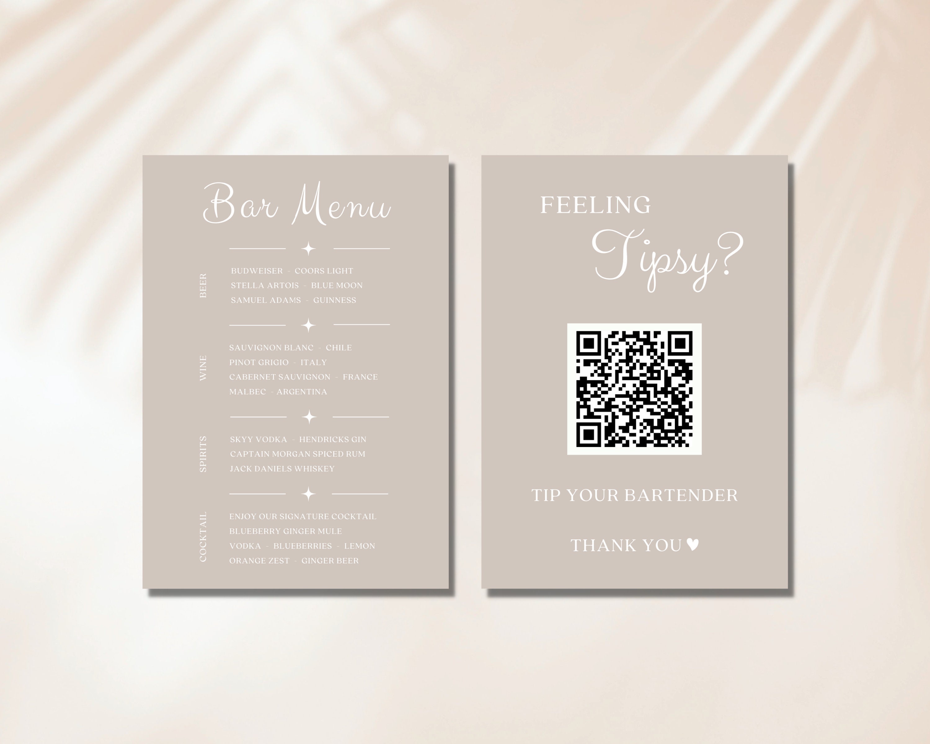 Printable Virtual Tip and Bar Menu Sign Template, QR Code Sign, Drink ...
