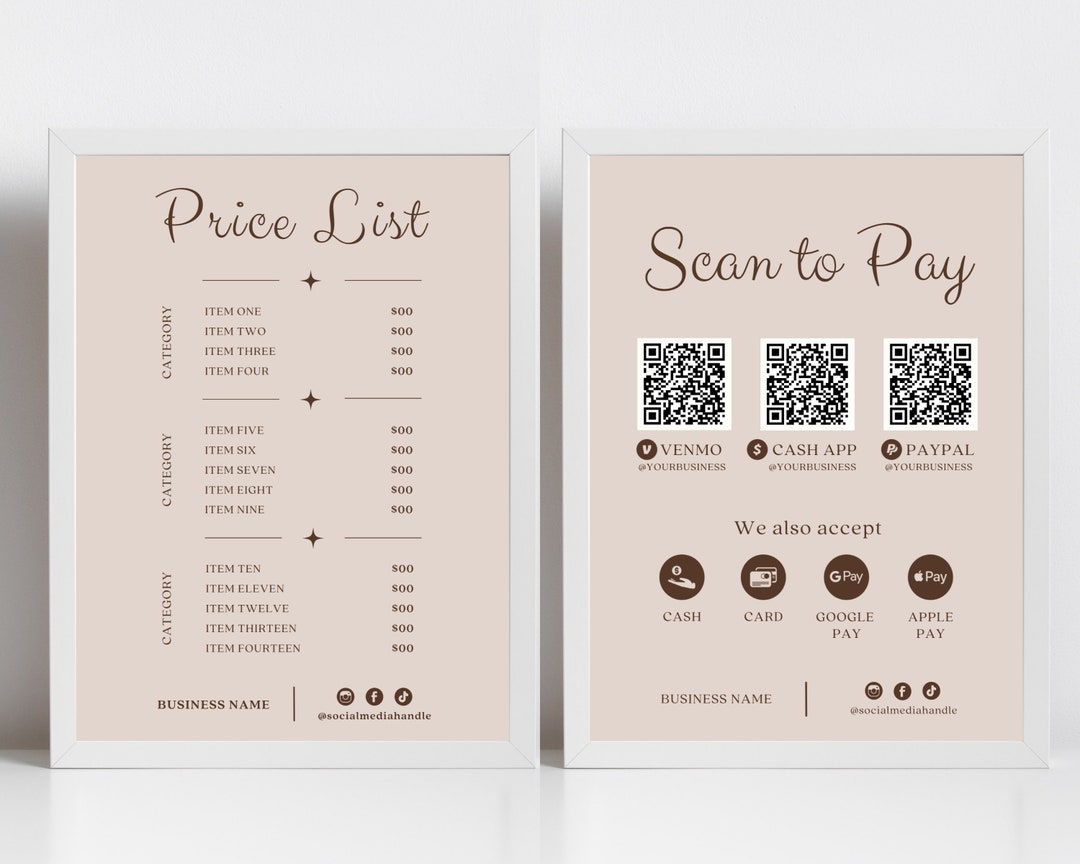 Printable Price List & Payment Sign, QR Code Sign Template, Editable ...