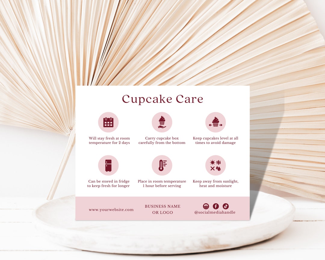 Editable Cupcake Care Card Template, Cupcake Care Insert, Minimalist ...