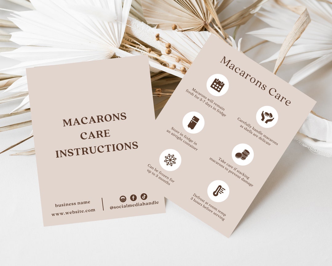 Editable Macarons Care Card Template, Macarons Care Insert, Minimalist ...