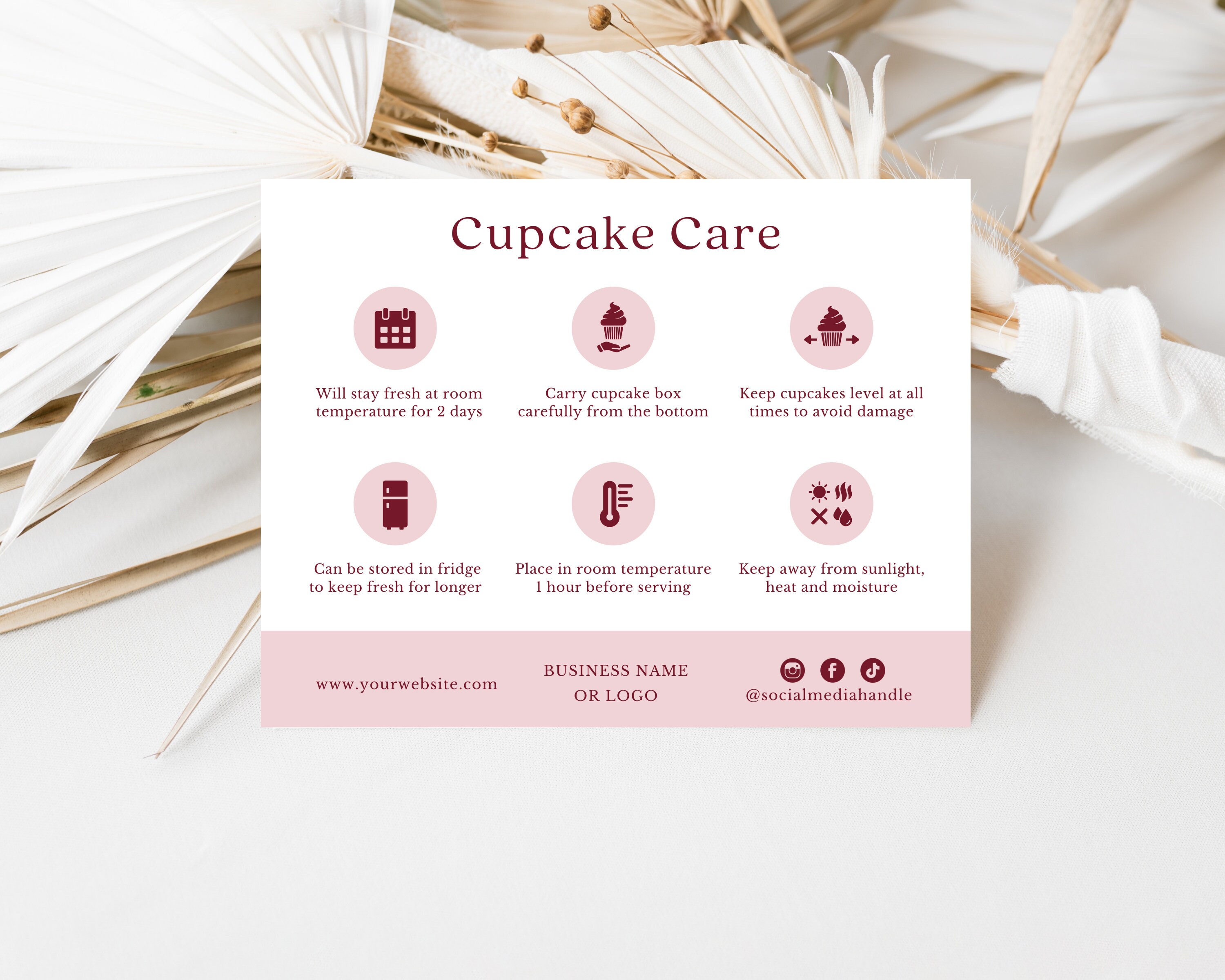 Editable Cupcake Care Card Template, Cupcake Care Insert, Minimalist ...