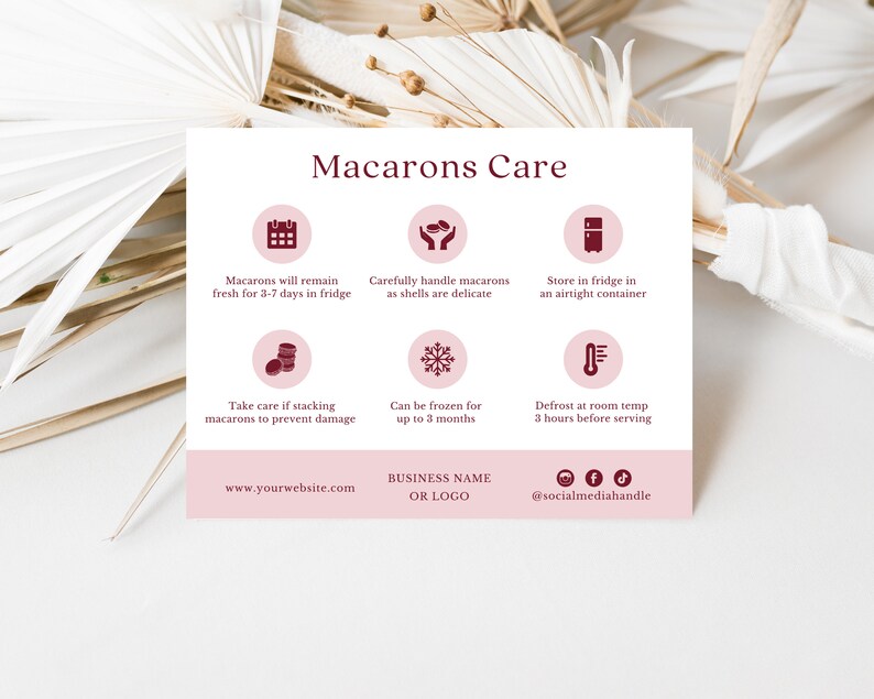 Editable Macarons Care Card Template, Macarons Care Insert, Minimalist ...