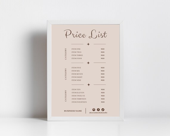 Editable Price List Template Printable Price Sheet Small - Etsy