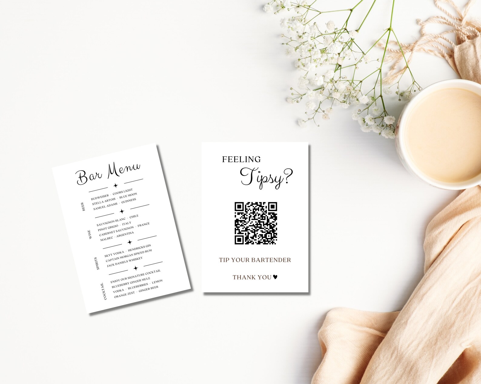 Printable Virtual Tip and Bar Menu Sign Template, QR Code Sign, Drink ...