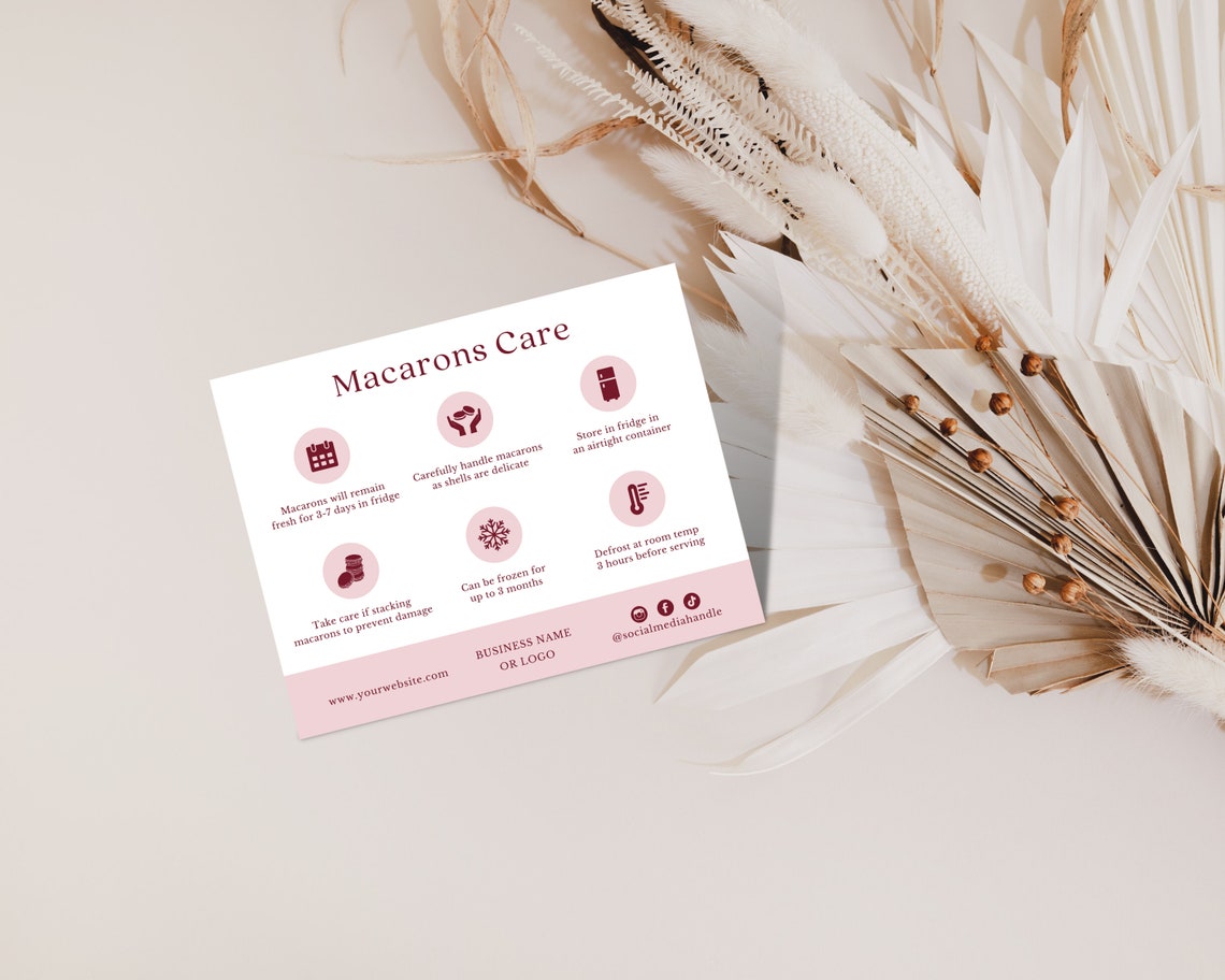 Editable Macarons Care Card Template, Macarons Care Insert, Minimalist ...