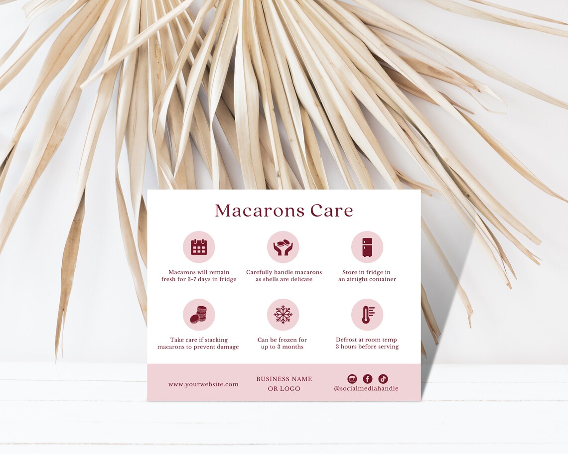 Editable Macarons Care Card Template, Macarons Care Insert, Minimalist ...