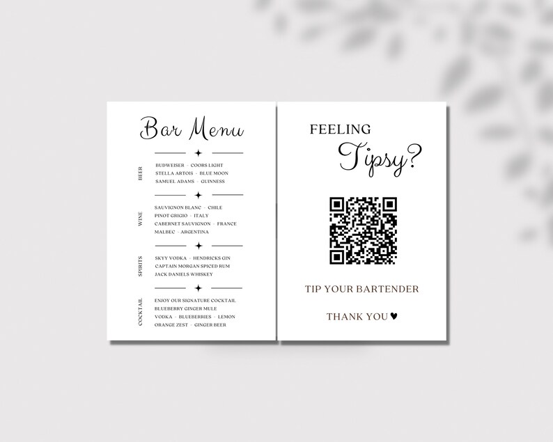 Printable Virtual Tip and Bar Menu Sign Template, QR Code Sign, Drink ...