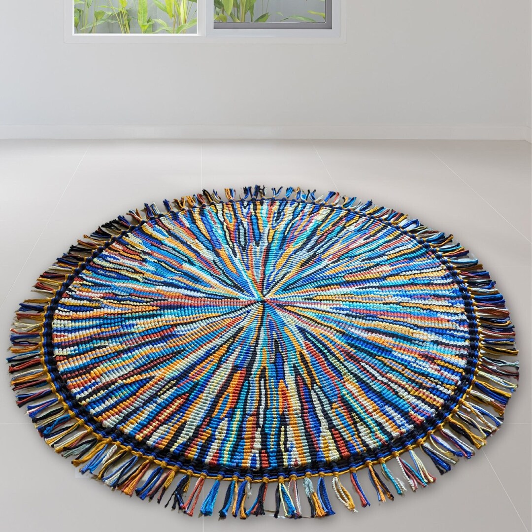 Hand Knotted Maximalist Round Rug 55 Handmade Macrame Circle Mat Earth ...